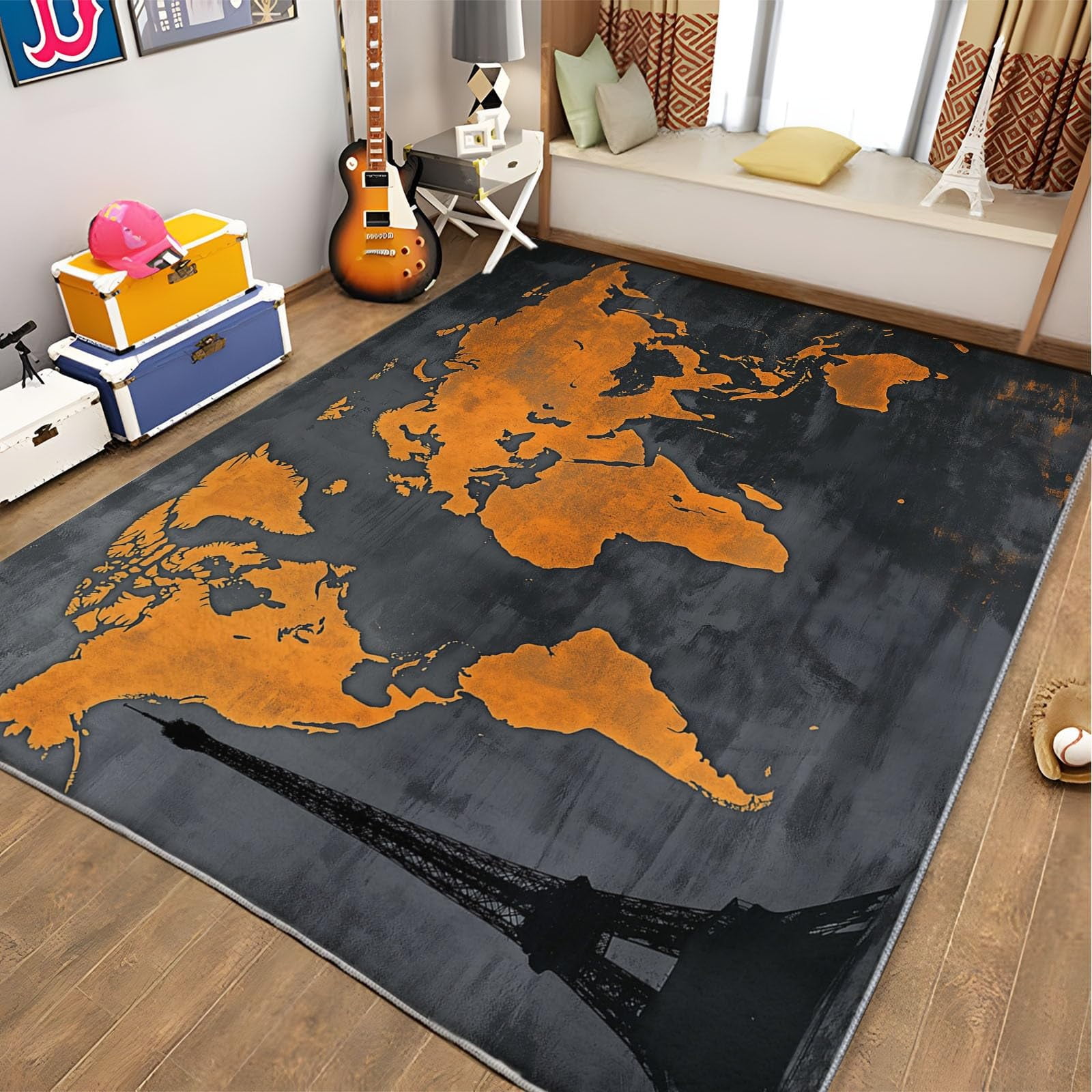 Area Rug For Living Room, Washable Vintage Style World Map Eiffel Tower ...