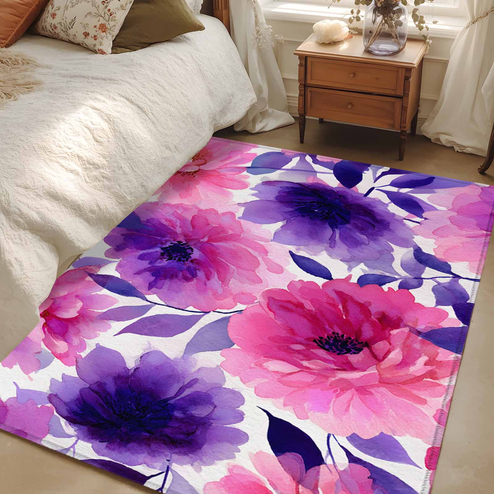 Area Rug for Living Room, Watercolor Floral Non-Slip Indoor Large ...