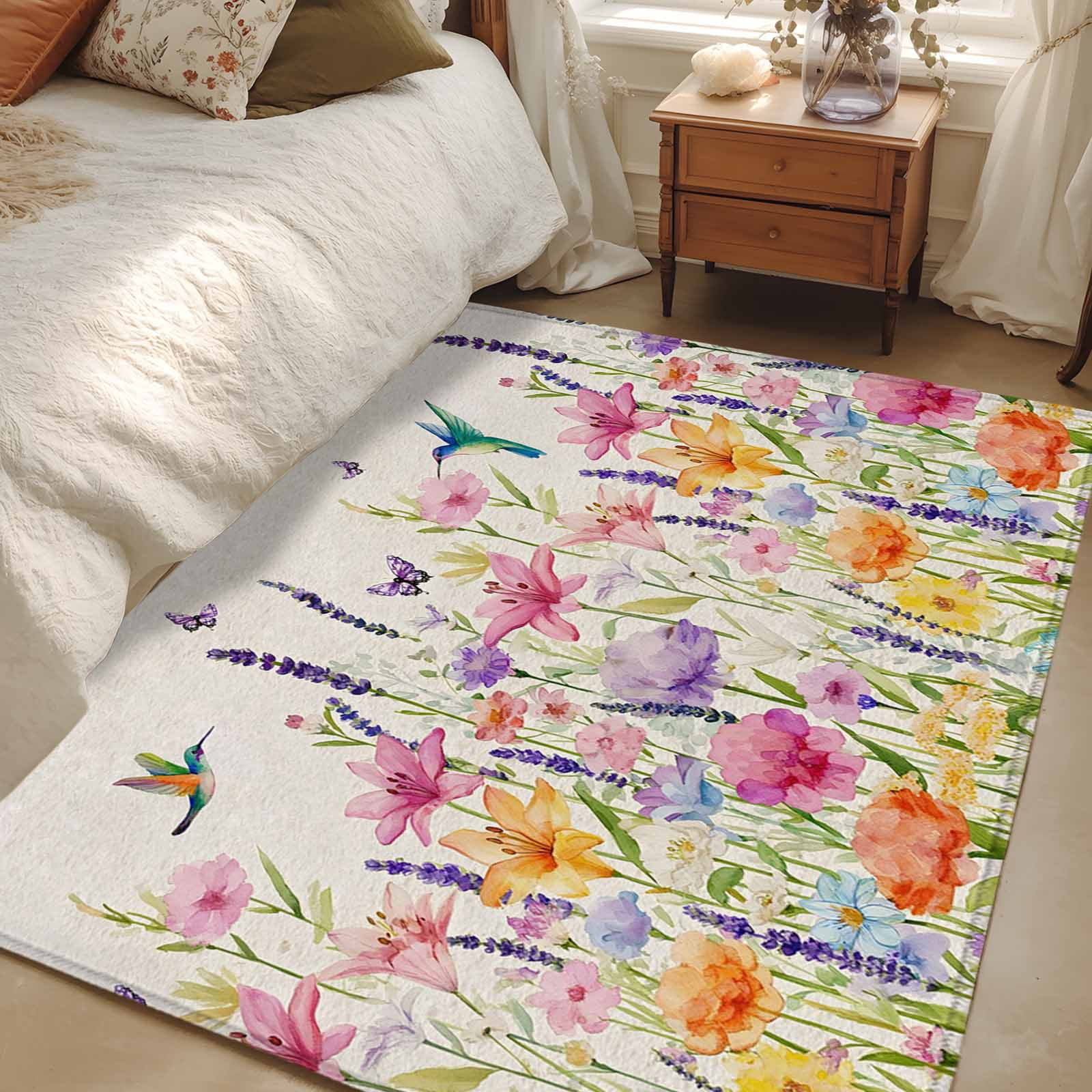 Area Rug for Living Room, Watercolor Flowers Non-Slip Indoor Large ...
