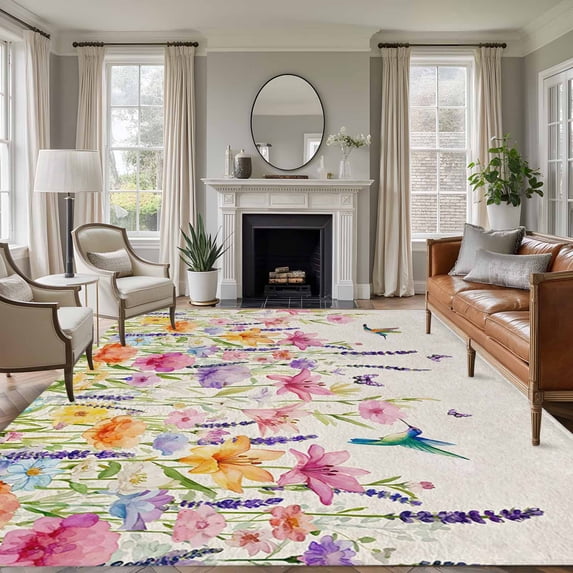 Area Rug for Living Room, Watercolor Flowers Non-Slip Indoor Large ...