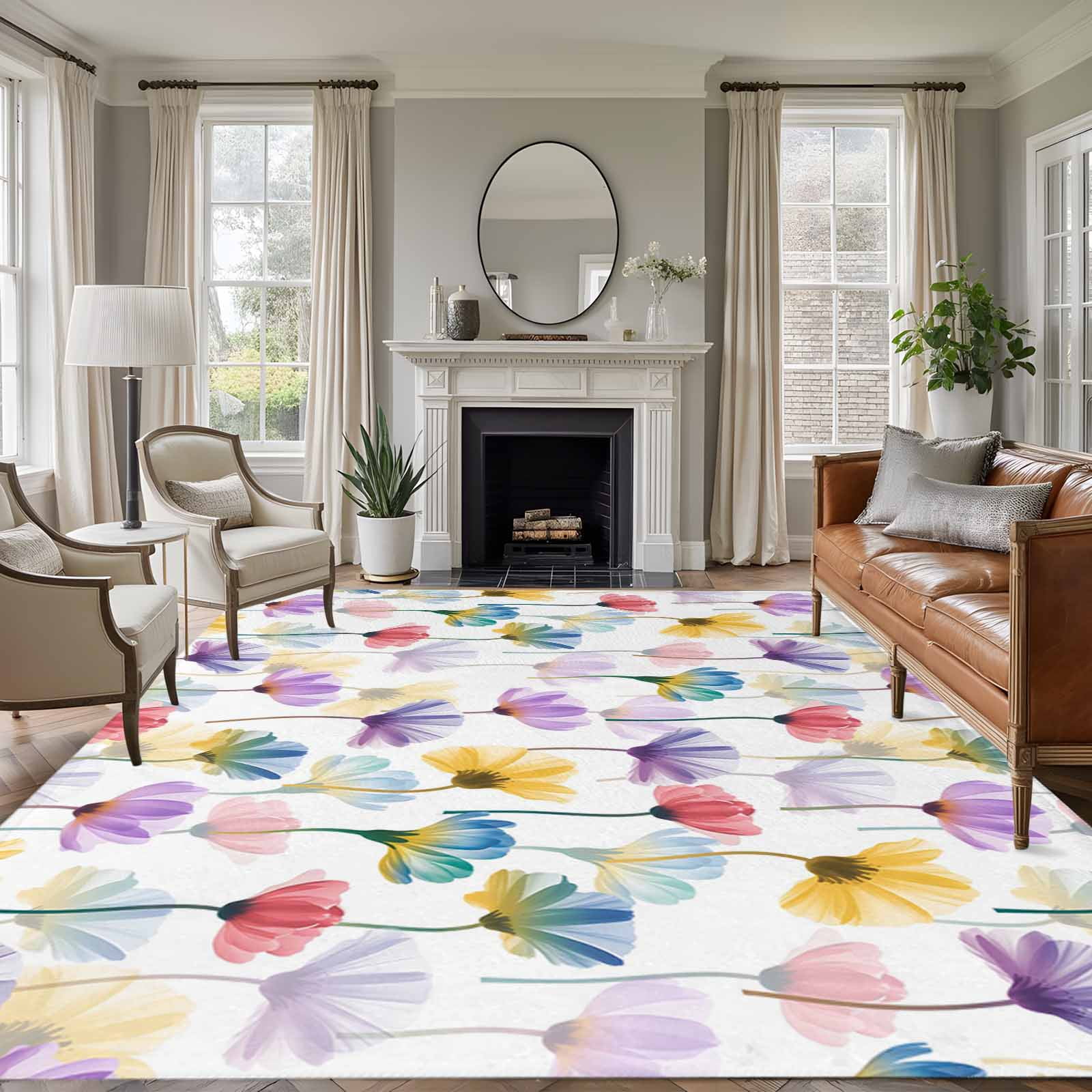 Area Rug for Living Room, Watercolor Flowers Non-Slip Indoor Large ...