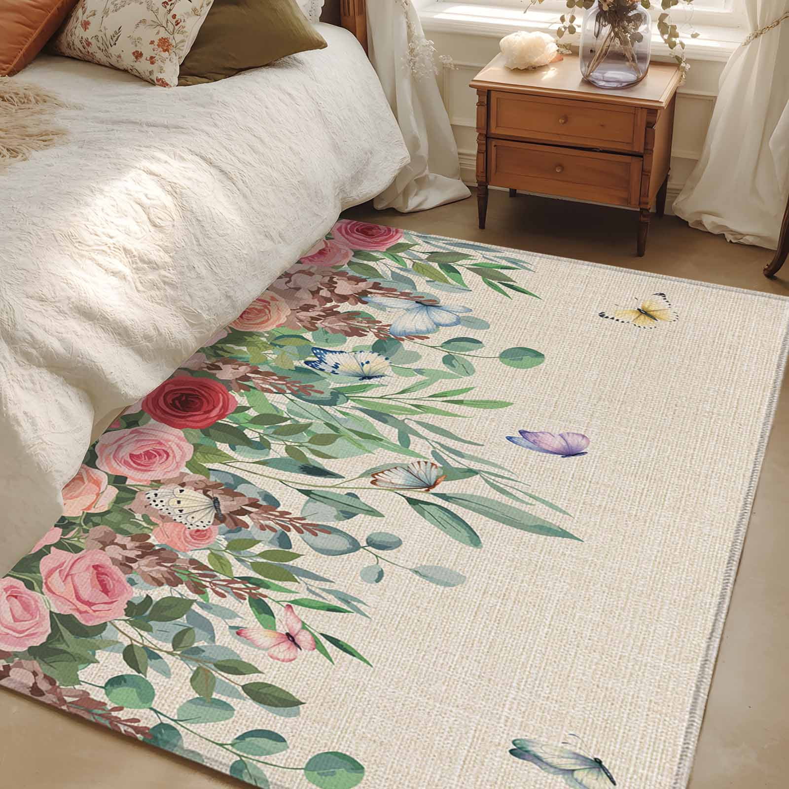 Area Rug for Living Room, Watercolor Roses Non-Slip Indoor Large Carpet ...