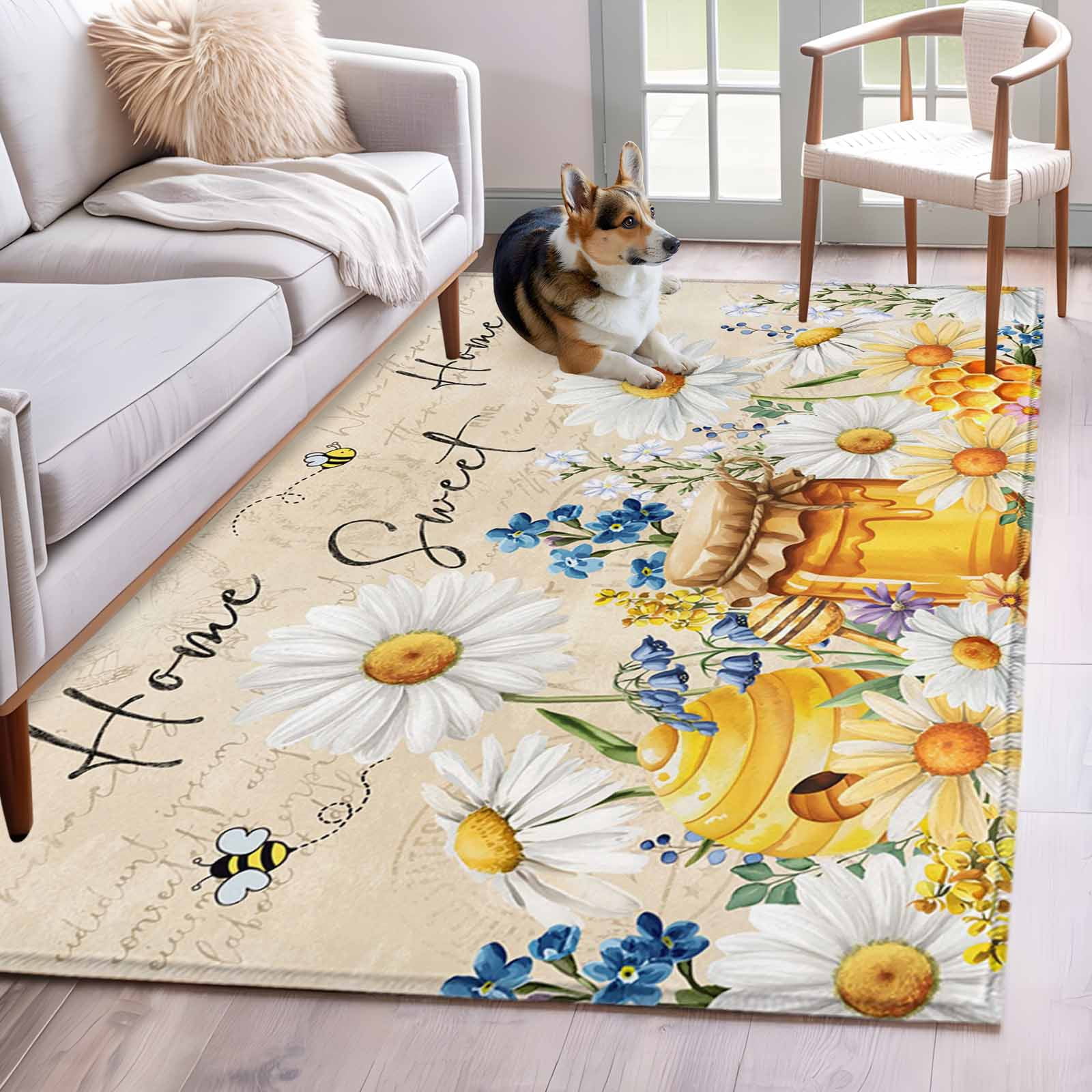 Area Rug for Living Room, White Daisy Non-Slip Indoor Large Carpet for ...