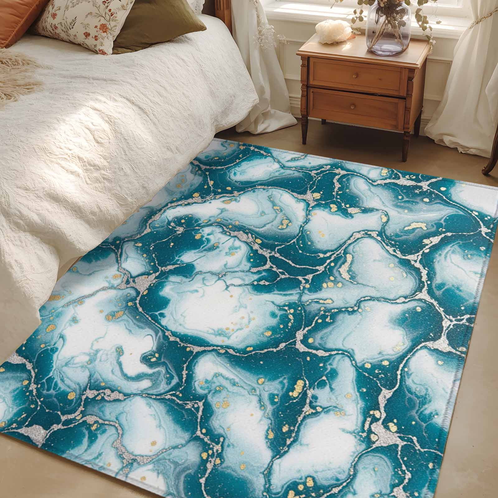 Area Rug for Living Room, White Dark Green Marble Non-Slip Indoor Large ...