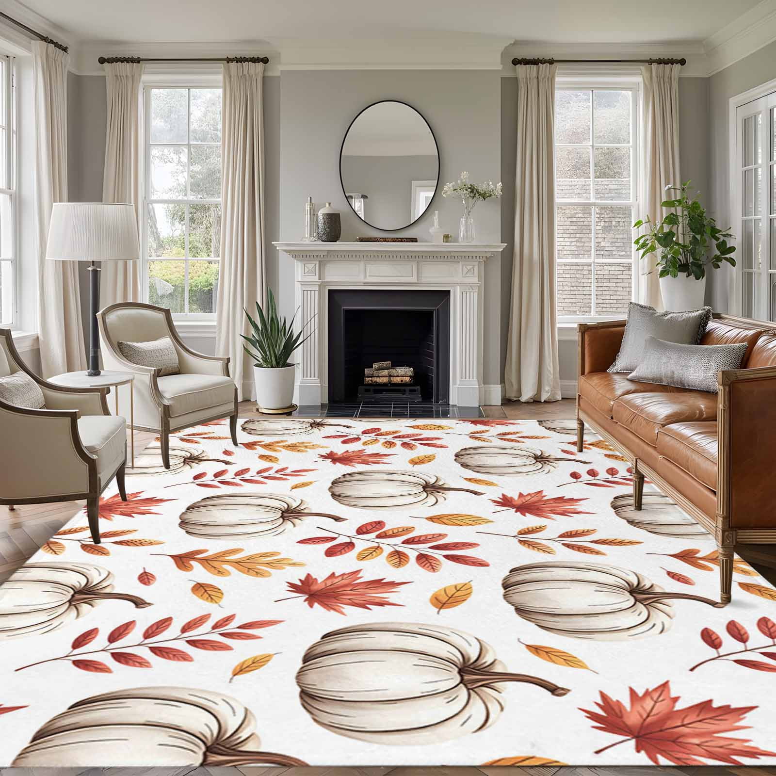 Area Rug for Living Room, White Pumpkins Fall Non-Slip Indoor Large ...