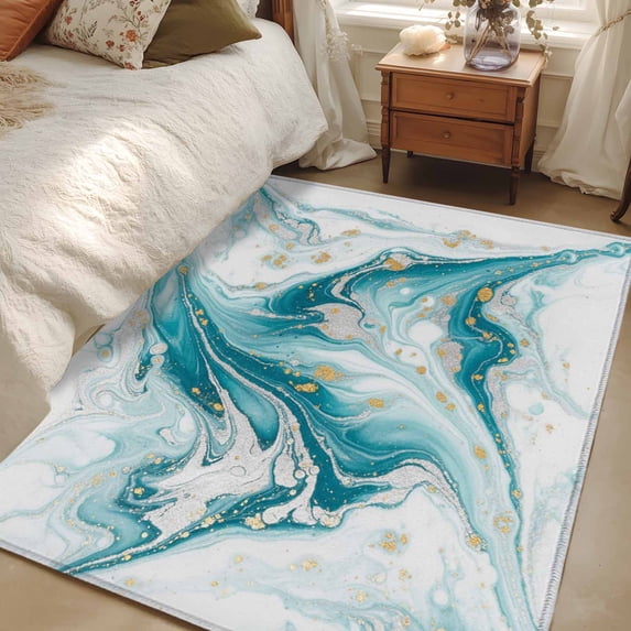 Area Rug for Living Room, White Teal Marble Non-Slip Indoor Large ...