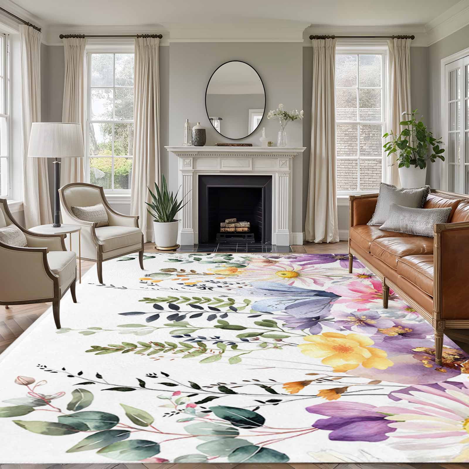 Area Rug for Living Room, Wild Flowers Non-Slip Indoor Large Carpet for ...
