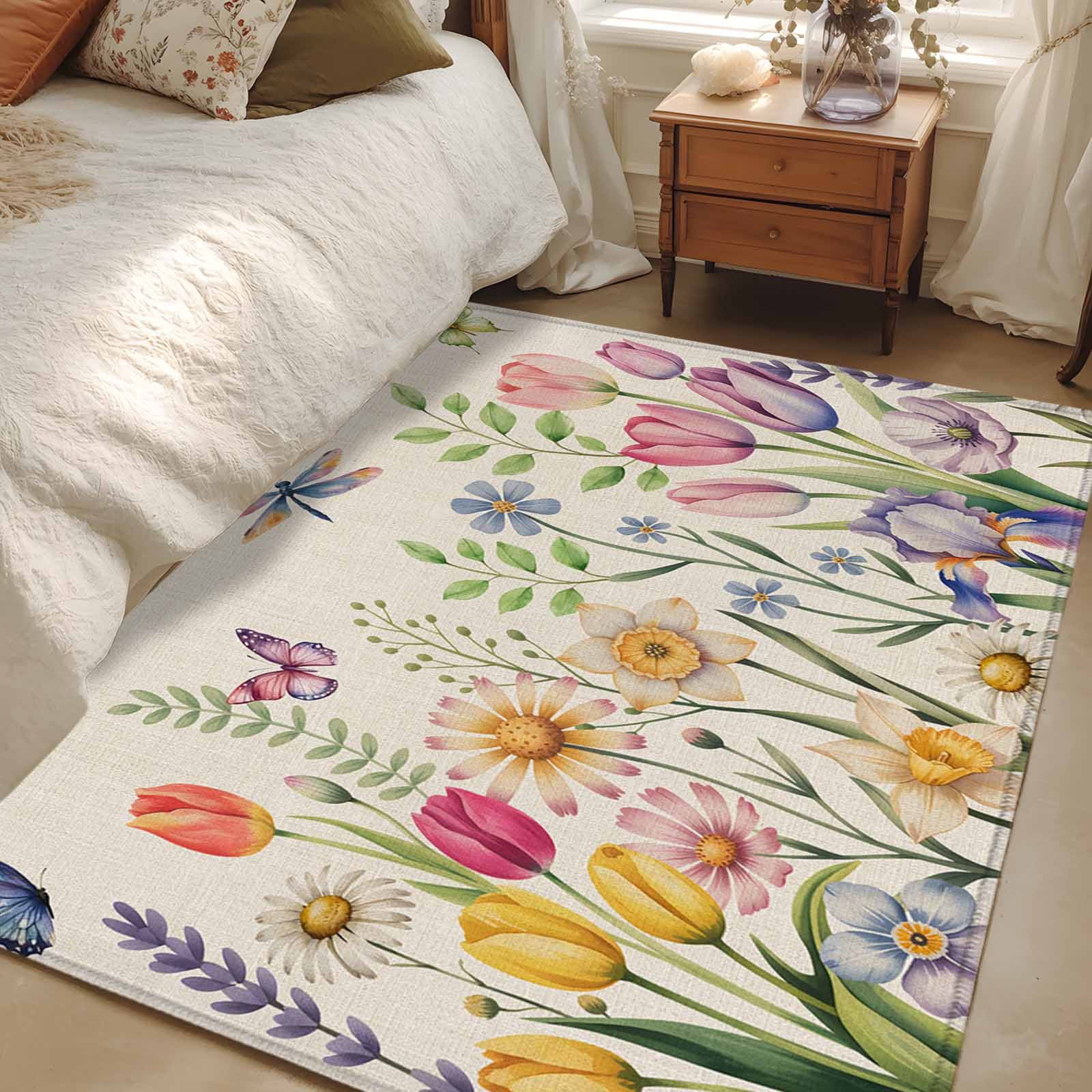 Area Rug for Living Room, Wildflowers Non-Slip Indoor Large Carpet for ...