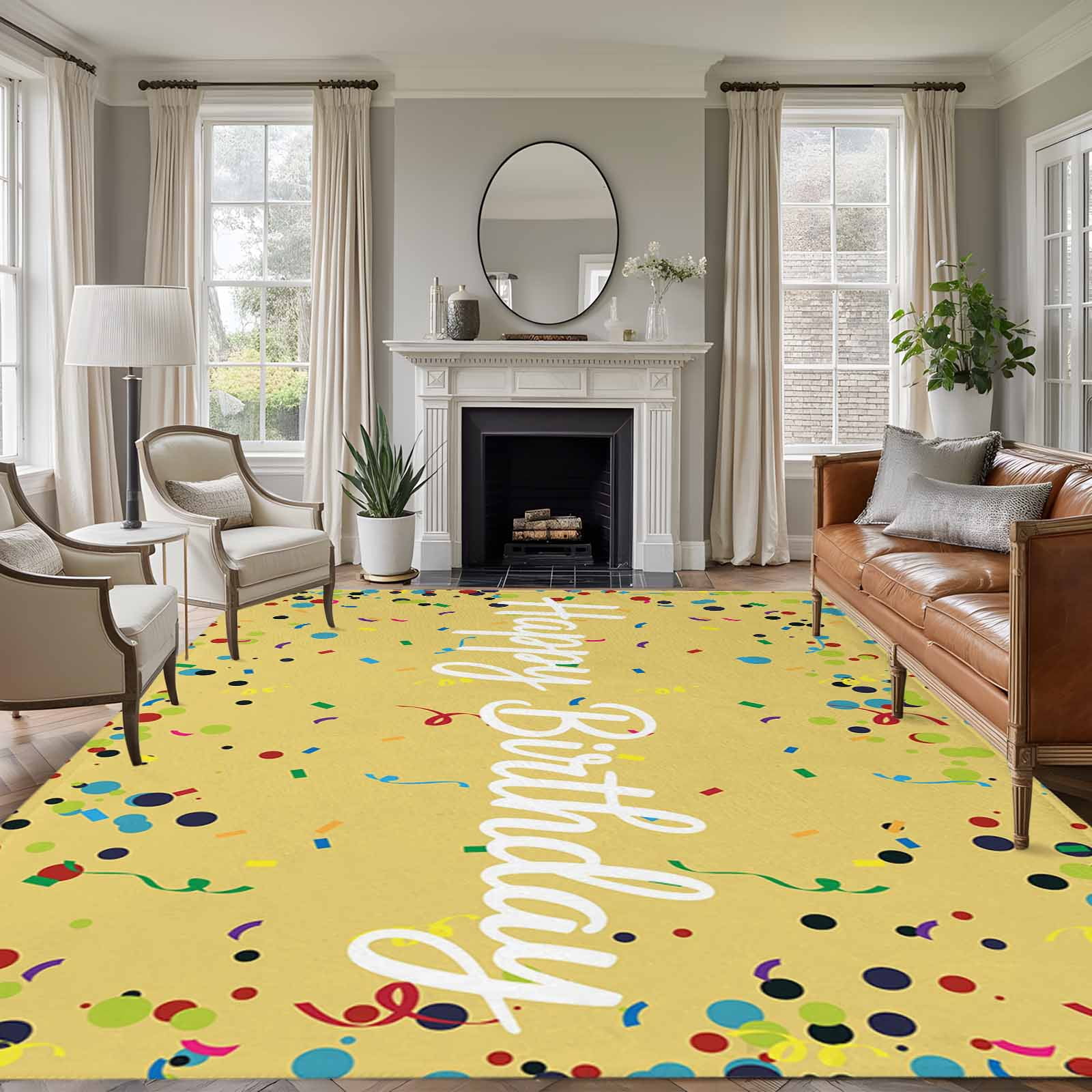 Area Rug for Living Room, Yellow Birthday Non-Slip Indoor Large Carpet ...