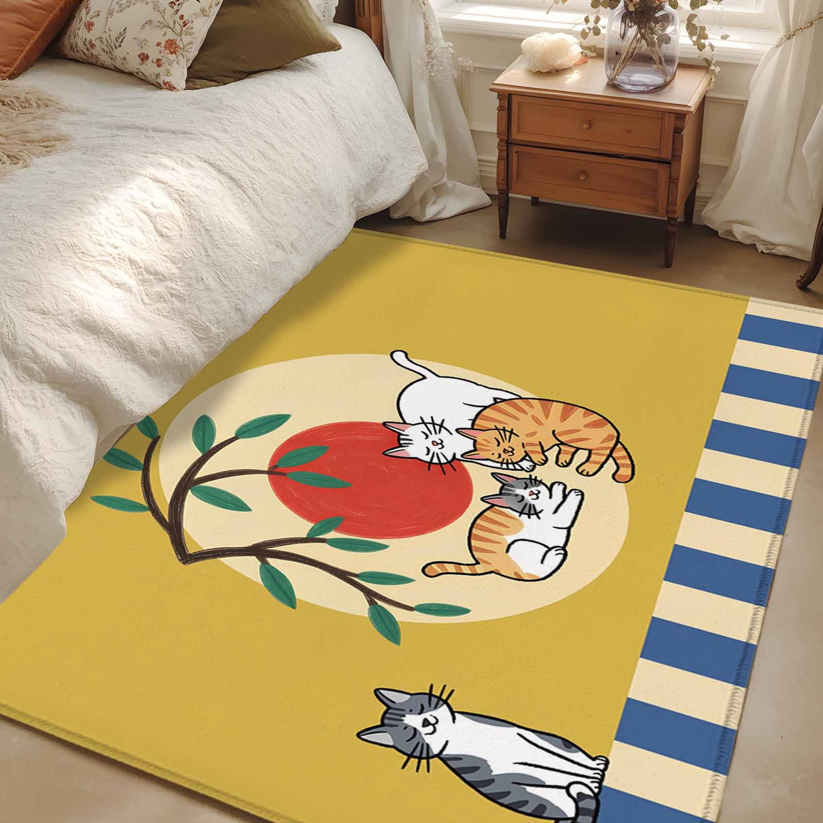 Area Rug for Living Room, Yellow Cat Cartoon Non-Slip Indoor Large ...