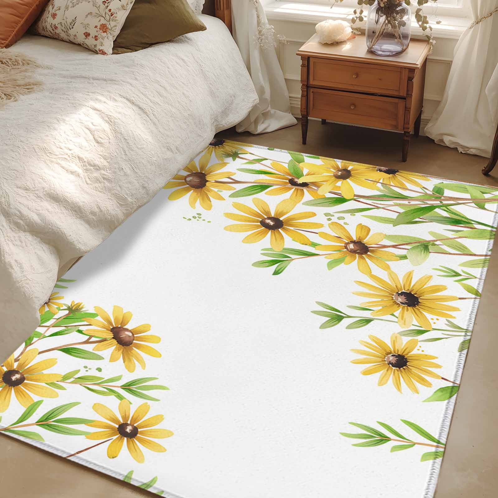 Area Rug for Living Room, Yellow Daisy Flowers Non-Slip Indoor Large ...
