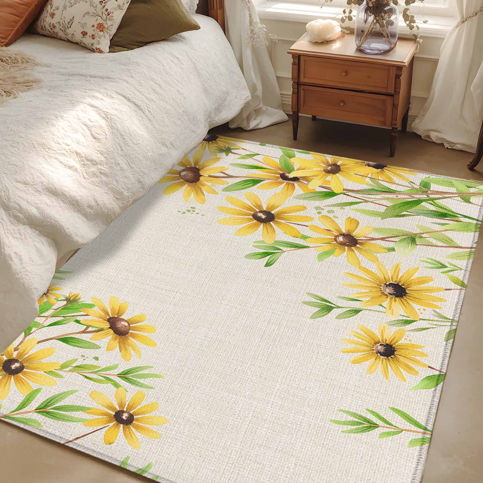 Area Rug for Living Room, Yellow Daisy Flowers Non-Slip Indoor Large ...