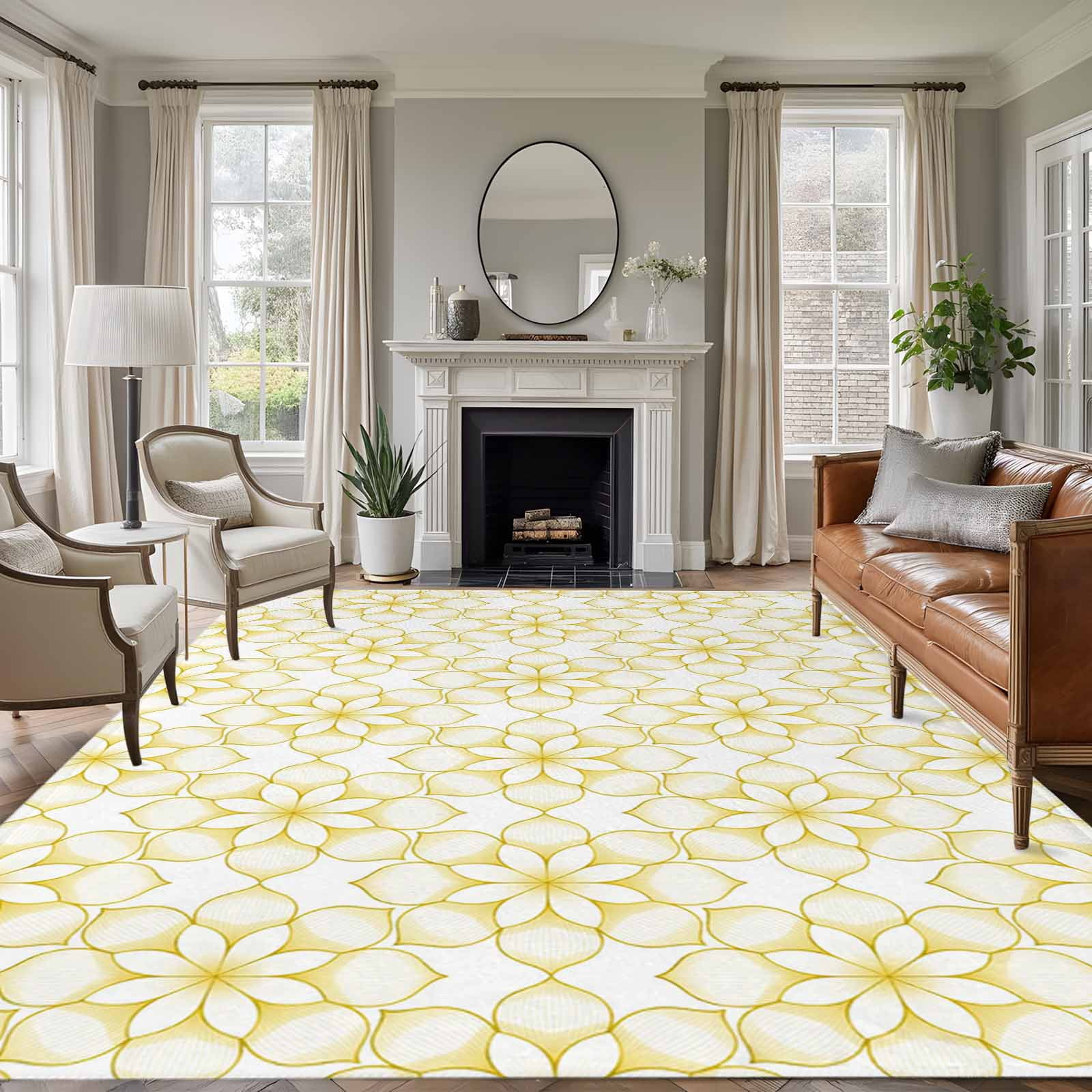 Area Rug for Living Room, Yellow Flower Non-Slip Indoor Large Carpet ...