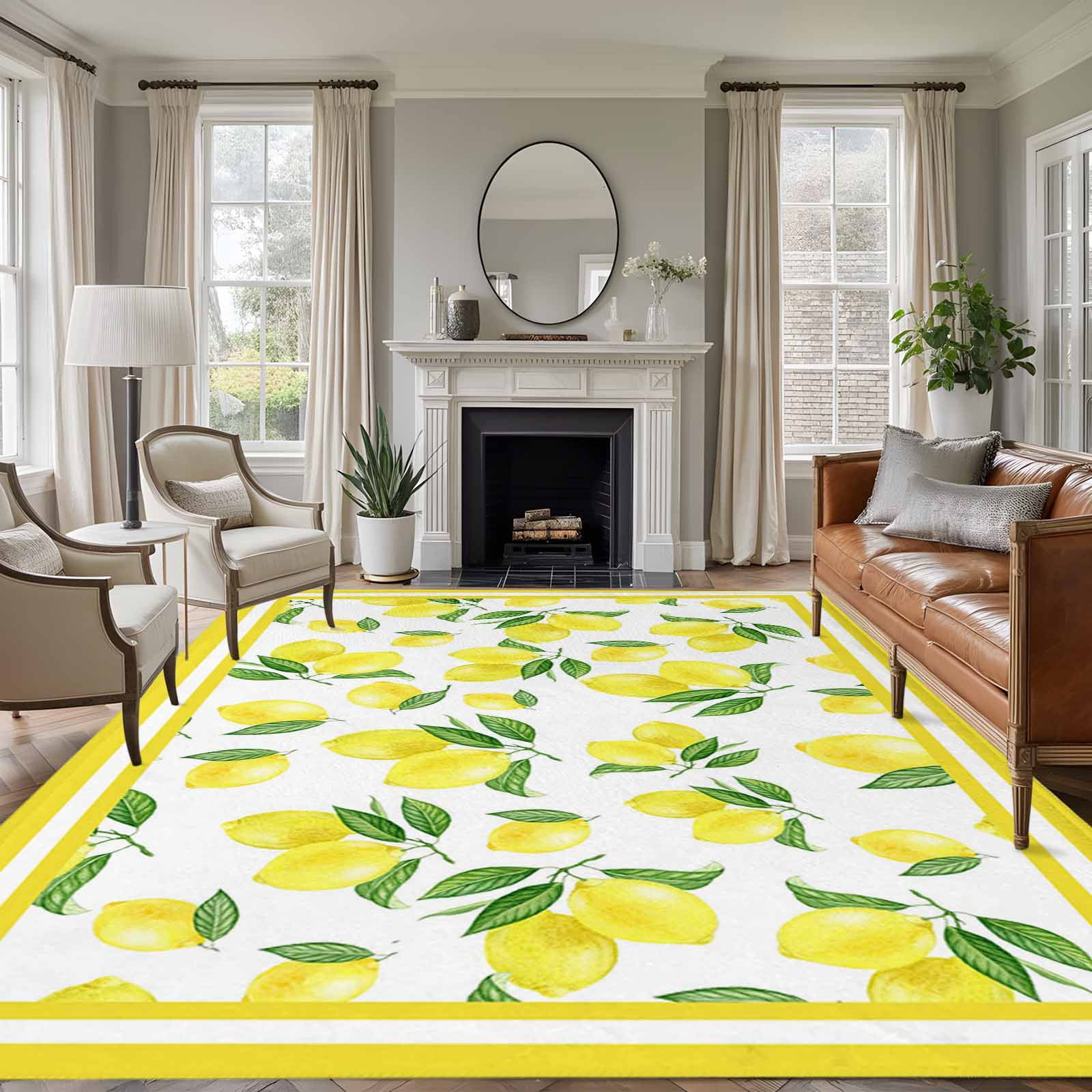Area Rug for Living Room, Yellow Lemon Non-Slip Indoor Ex Large Carpet ...