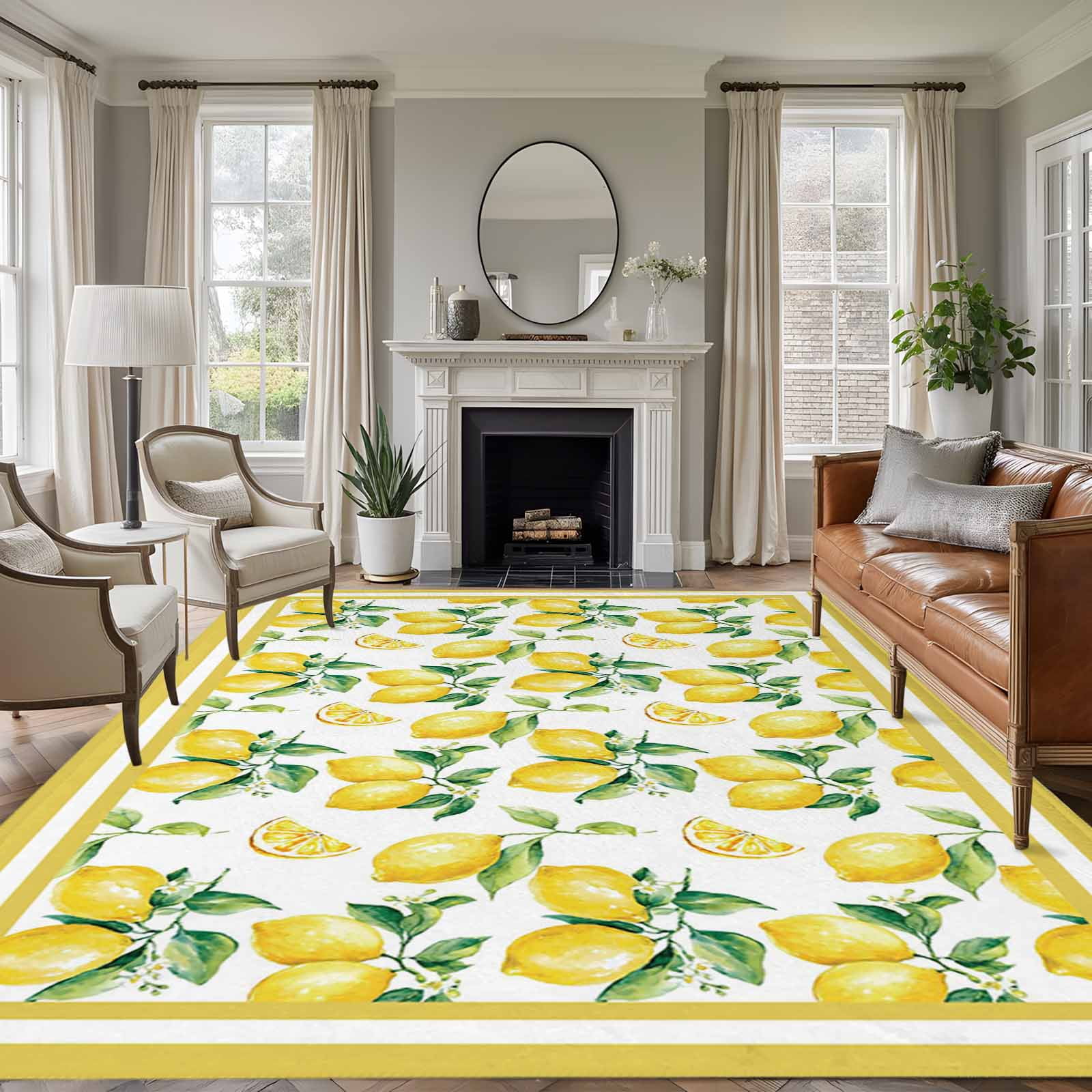 Area Rug for Living Room, Yellow Lemon Non-Slip Indoor Large Carpet for ...