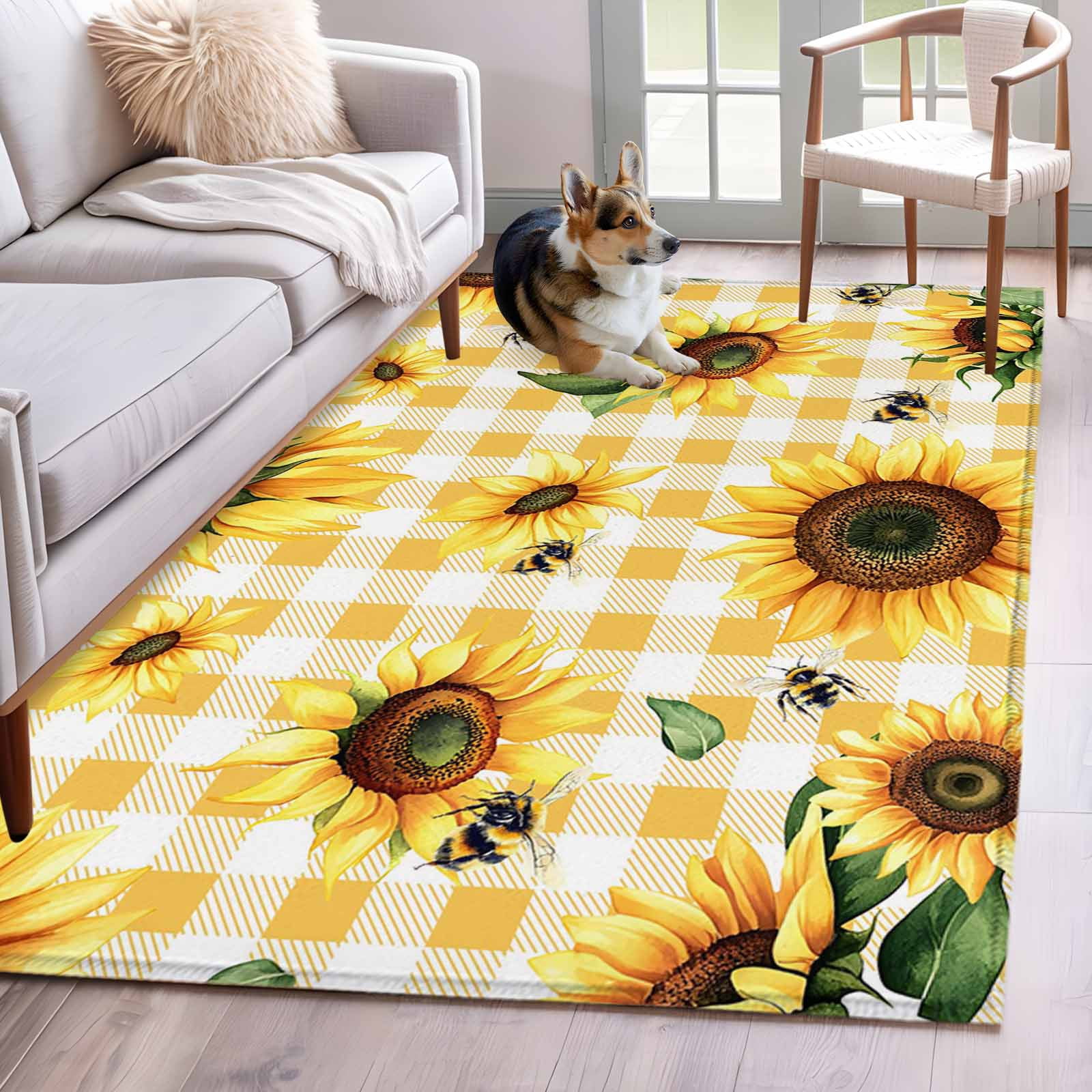 Area Rug for Living Room, Yellow Sunflower Non-Slip Indoor Large Carpet ...