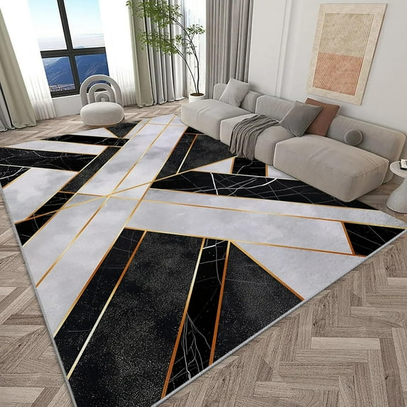Area Rug Marble Geometric Stone Non-Slip Rugs 4x6ft, Black And Silver ...