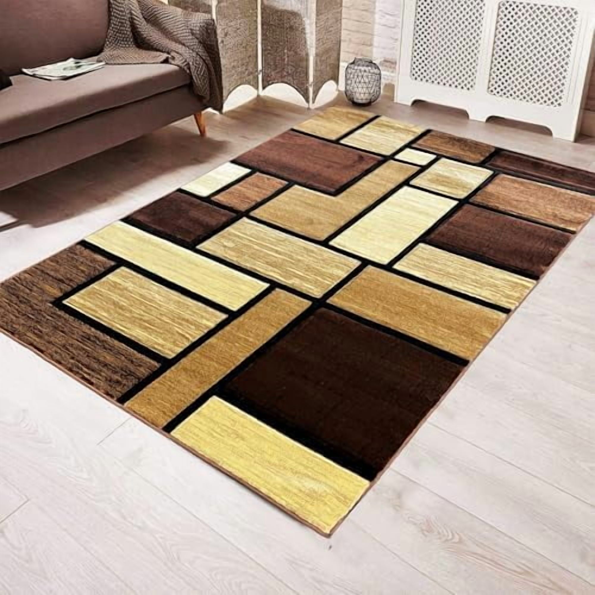 Area Rug Modern 5x7 Brown Geometry Soft Hand Carved Contemporary Floor ...