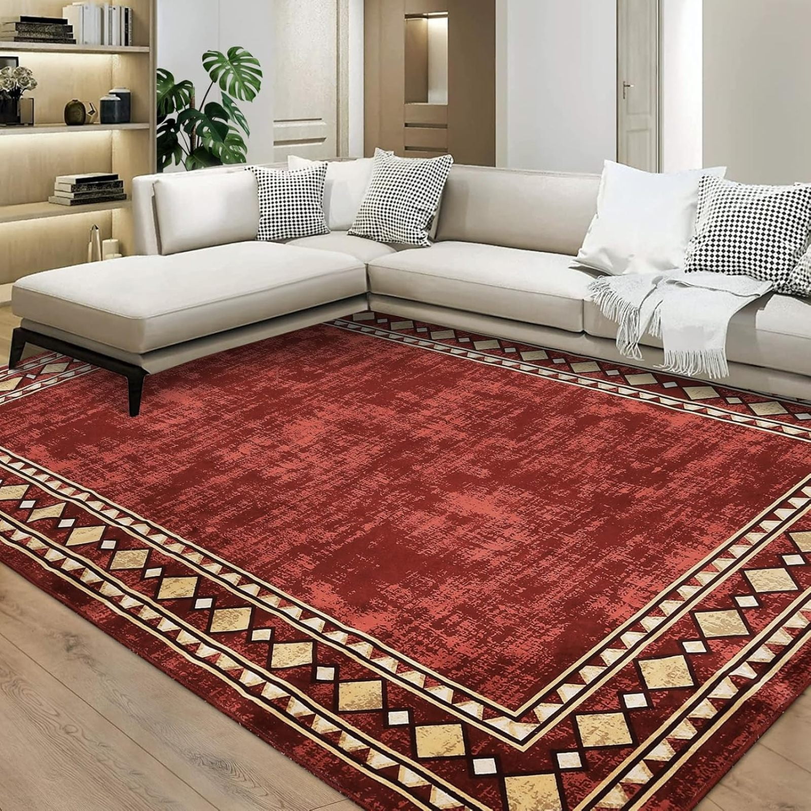 Area Rug - Modern Bordered, Machine Washable, Stain Resistant, Non-Slip ...