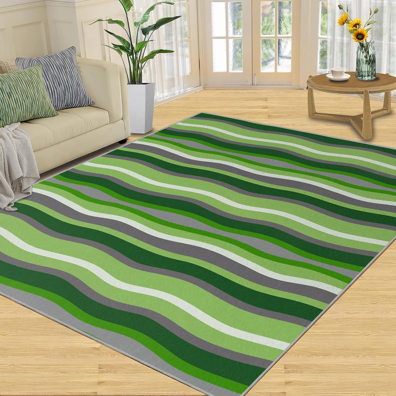 Area Rug Modern Design Green Rug, Wave Stripes Living Room Rug, Anti ...