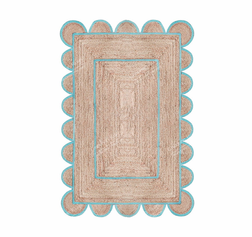 Area Rug Natural Jute Hand Braided Rug Turquoise Scalloped Runner ...
