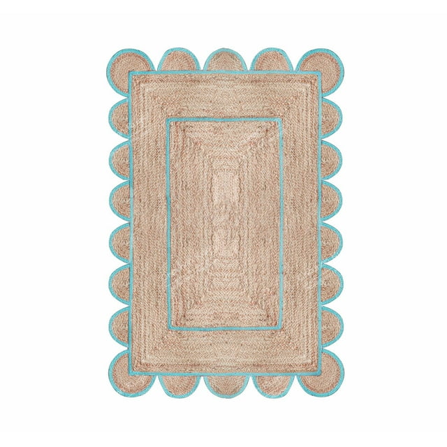 Area Rug Natural Jute Hand Braided Rug Turquoise Scalloped Runner ...