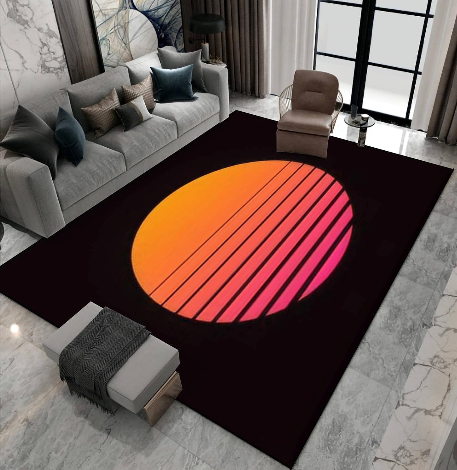 Area Rug Non-Slip Rug Retro Sun 80s Style Retrowave Synthwave Sunset ...