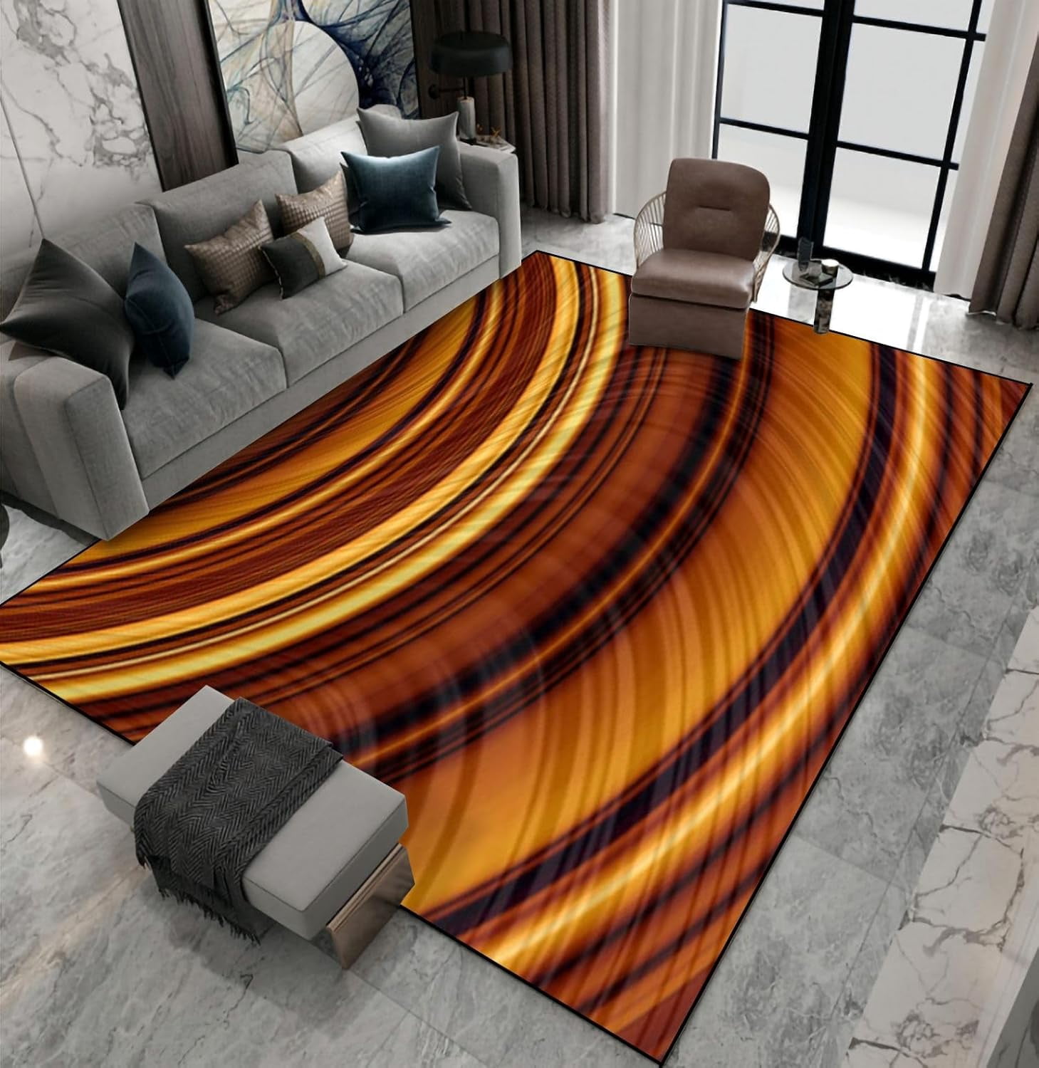Area Rug Non-Slip Rug Wave Tree Ring Wood Abstract Brown Gold Yellow ...
