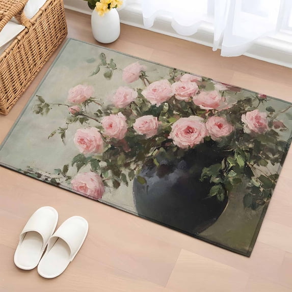 Area Rug Oil Painting Style Pink Rose Soft Rectangle Area Rugs Washable ...