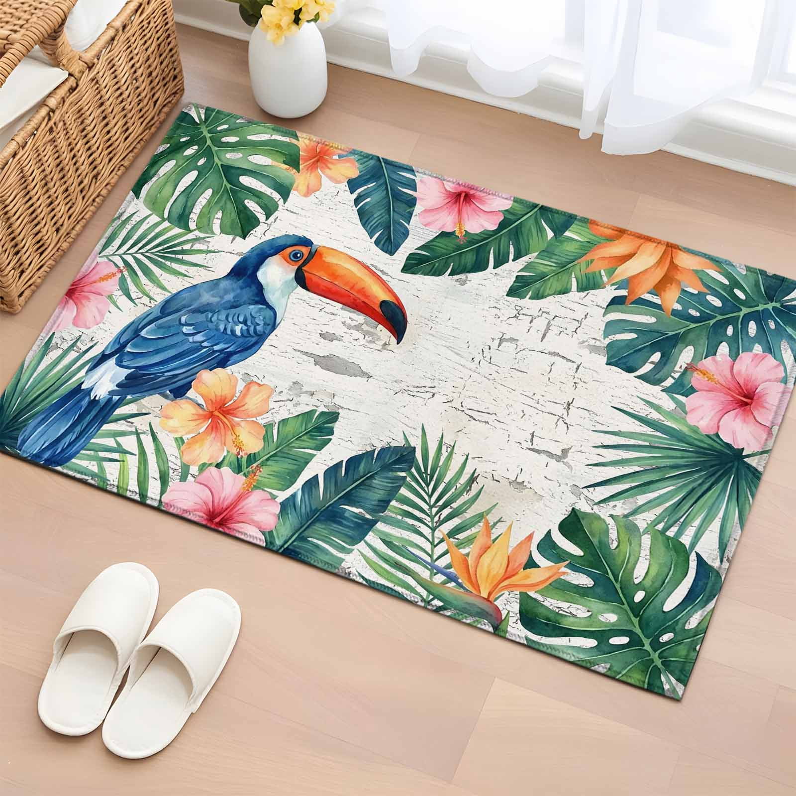Area Rug Orange Pink Flower Green Leaf Rectangle Area Rugs Washable Rug ...