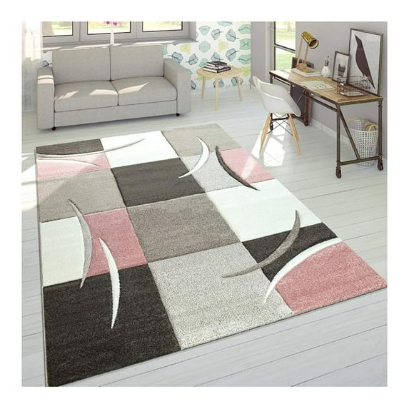 Area Rug Pastel Checked in Pink Anthracite/Gray White, Size:6'7" x 9'6 ...