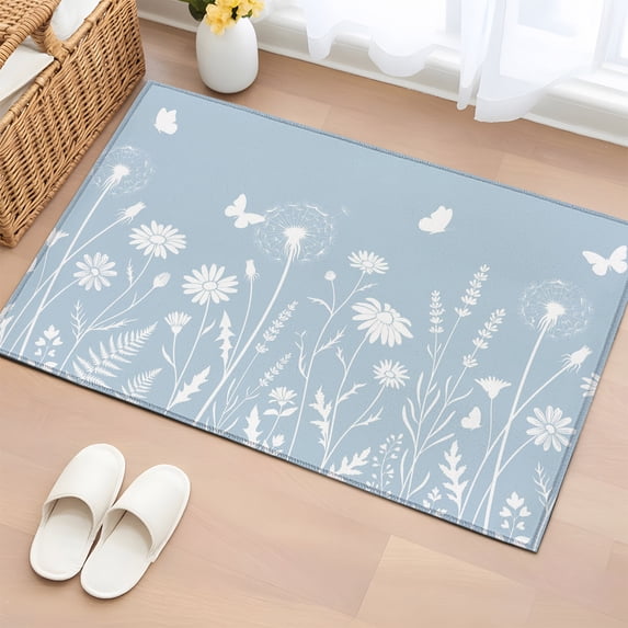 Area Rug Pastoral Floral Minimalist Blue Rectangle Area Rugs Washable ...