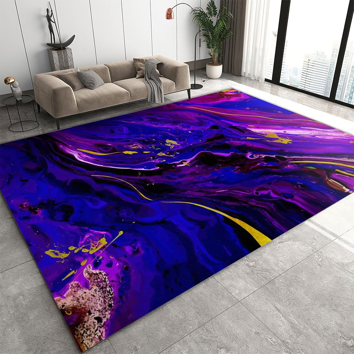 Area Rug Purple Marble Living Room Rug ，Fashion Abstract Fluids Gold ...