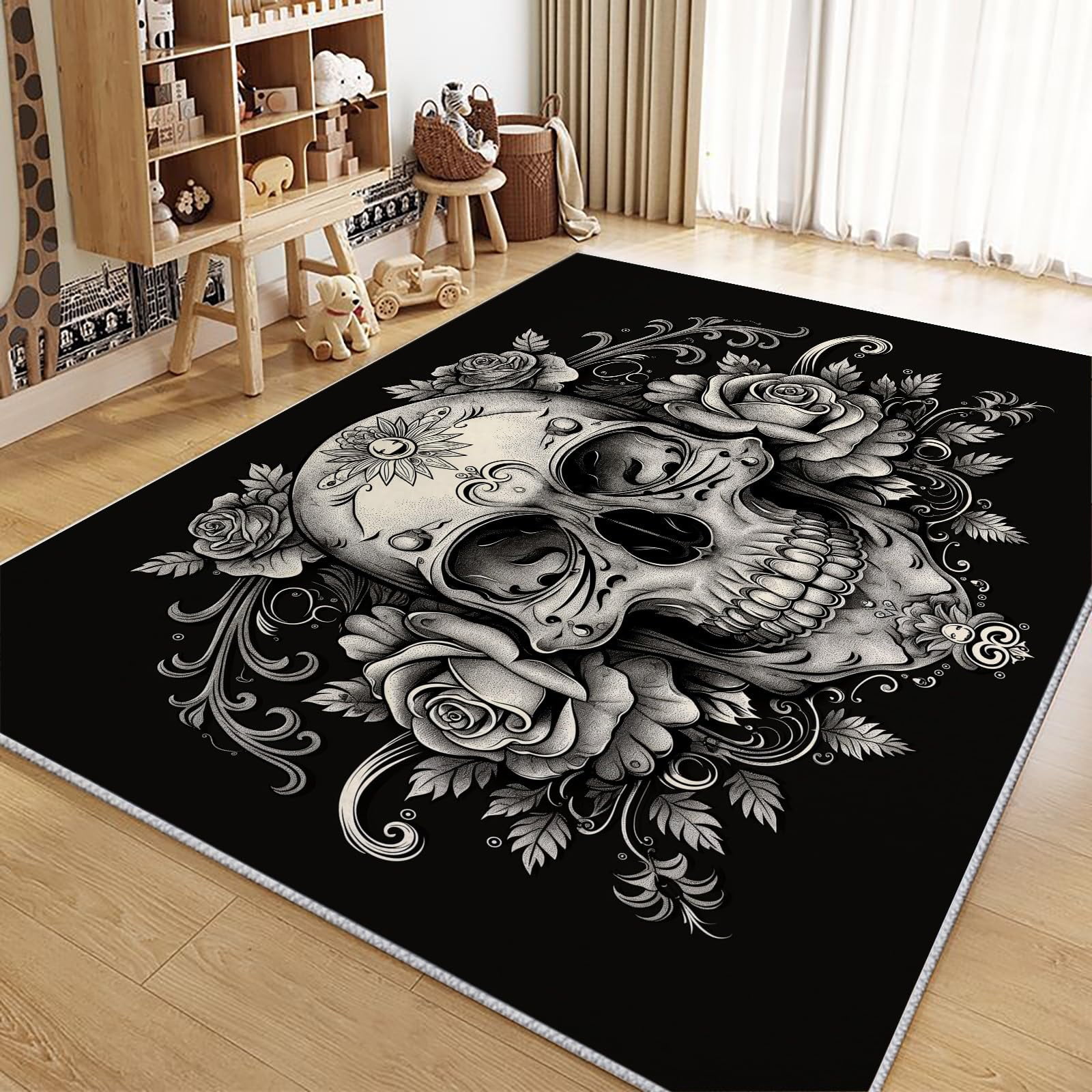 Area Rug Rectangle Carpet, Gothic Style Skull Machine Washable Rug For ...