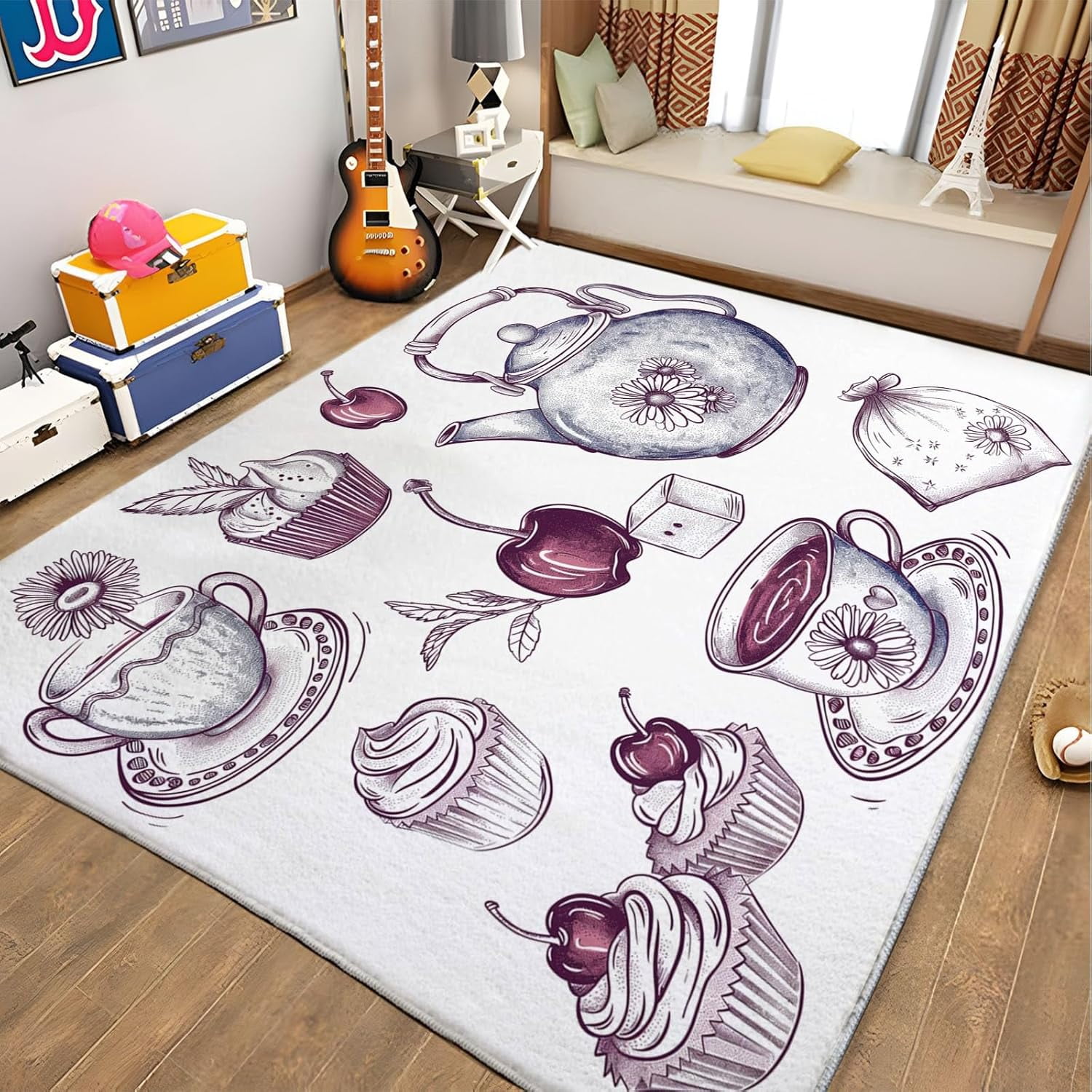 Area Rug Rectangle Carpet, Tea Set Teacup Teapot Cake Printed Pattern ...