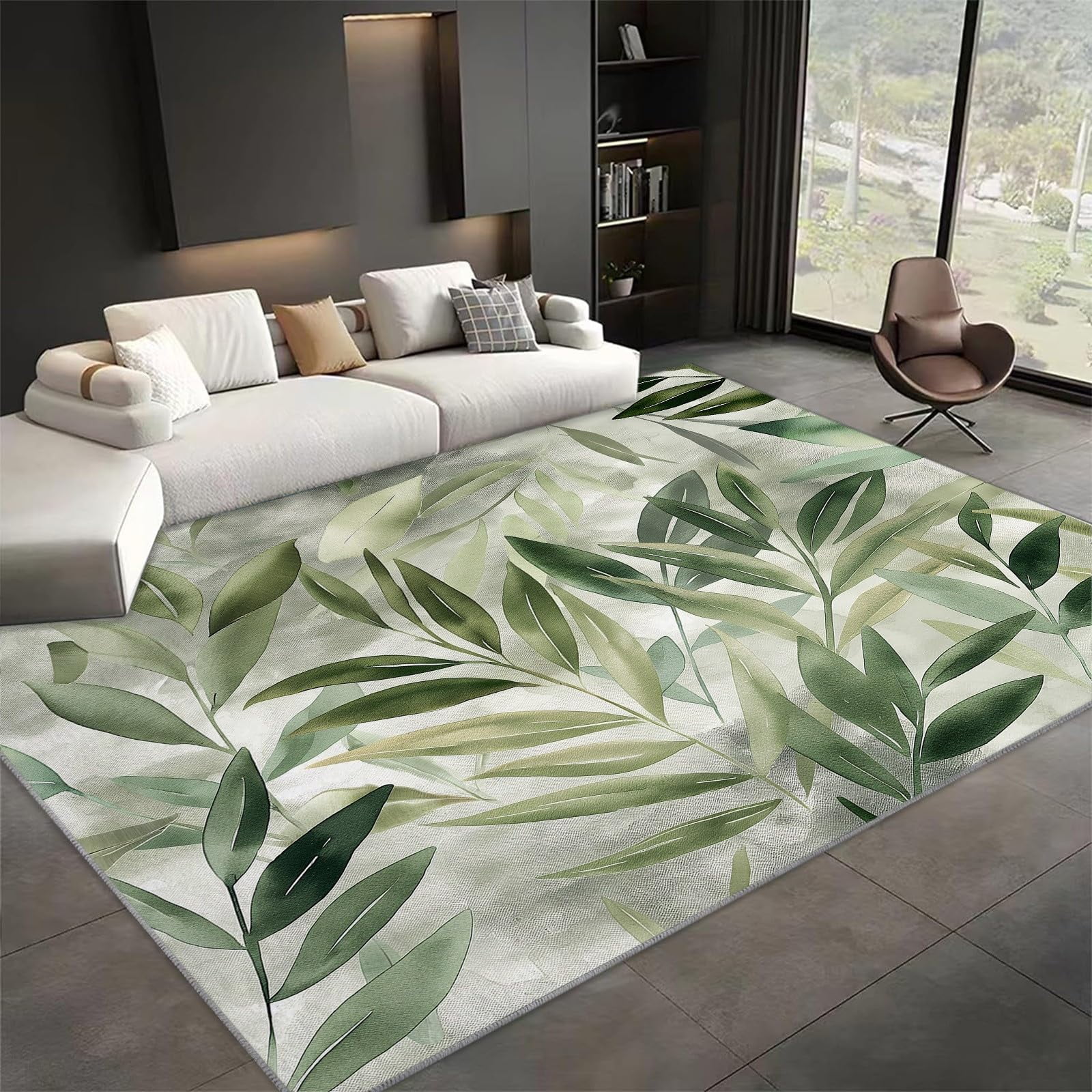 Area Rug Rectangle Carpet, Watercolor Plant Leaves Printed Pattern Area ...