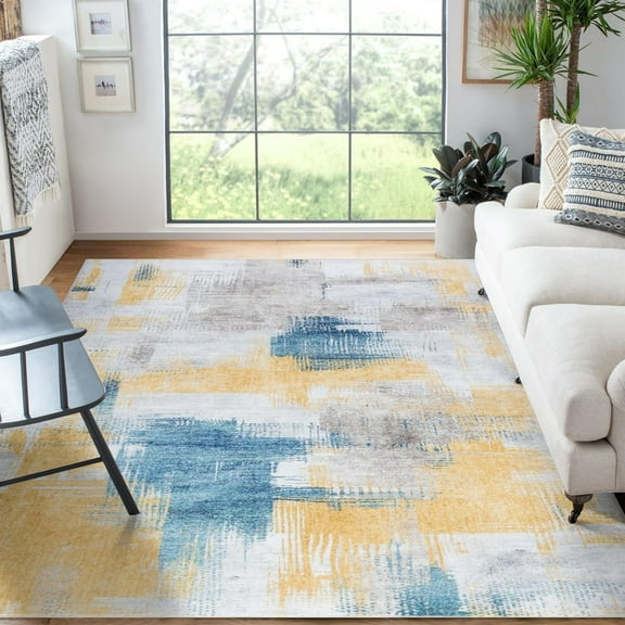 Abstract Blue Area Rugs 3x5 ft Yellow Gray Mottled Texture Modern Art ...