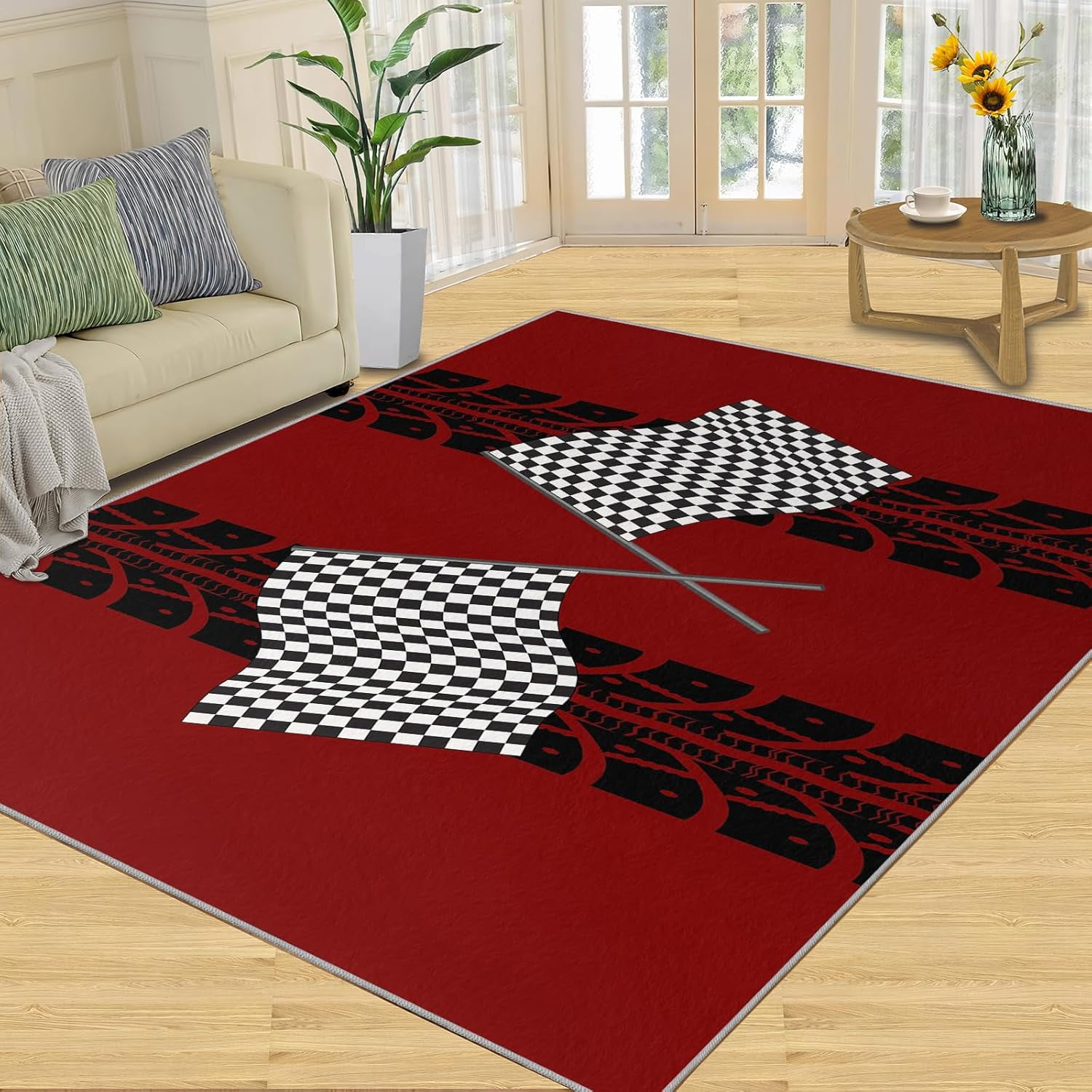 Area Rug Speed Race Track Rug, Black White Checkered Flag Living Room ...