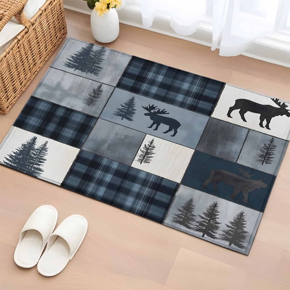 Area Rug Stitching Plaid Tree Deer Rectangle Area Rugs Washable Rug for ...