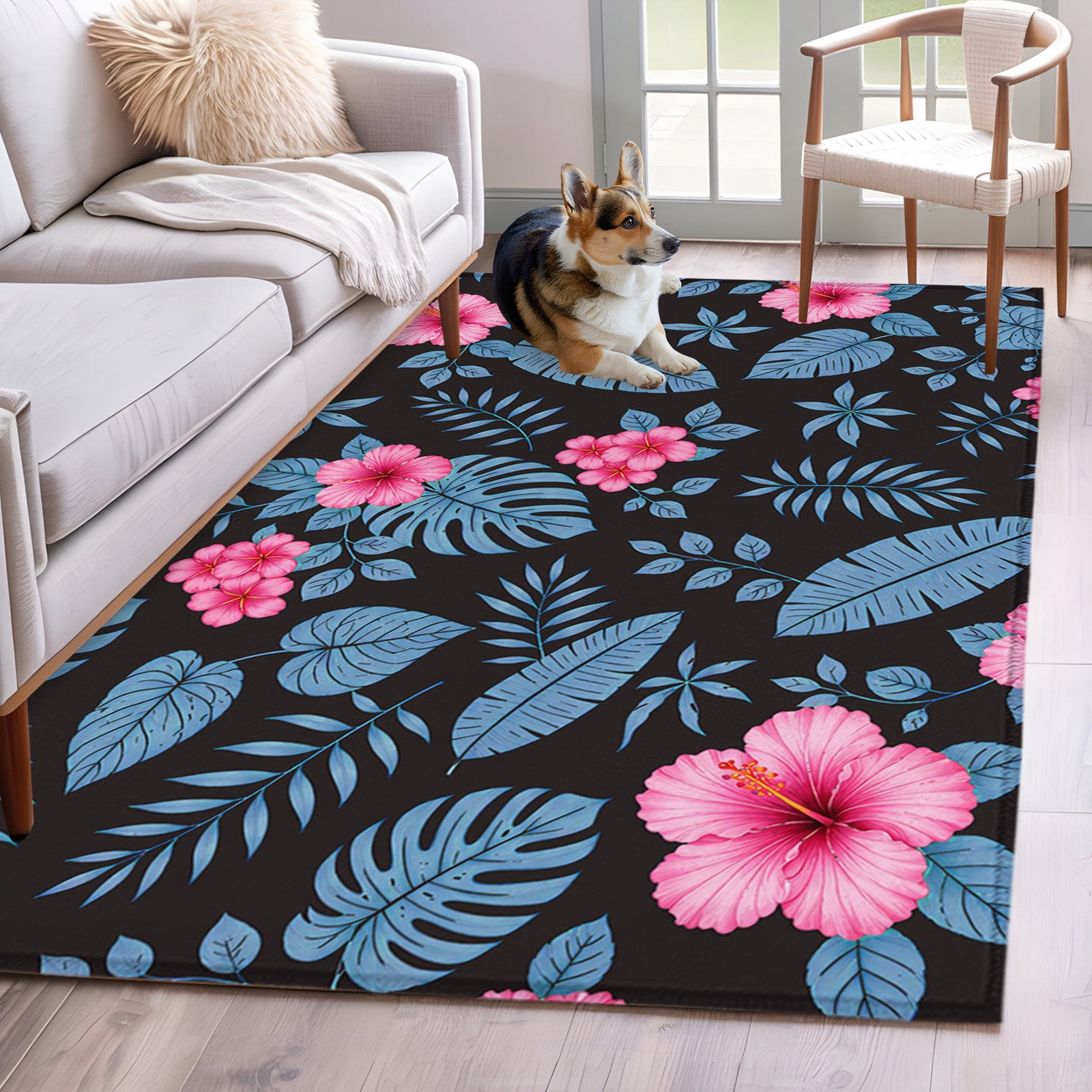 Area Rug Summer Blue Leaf Pink Flower Rectangle Area Rugs Washable Rug ...