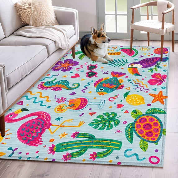 Area Rug Summer Tropical Pink Flamingo Rectangle Area Rugs Washable Rug ...
