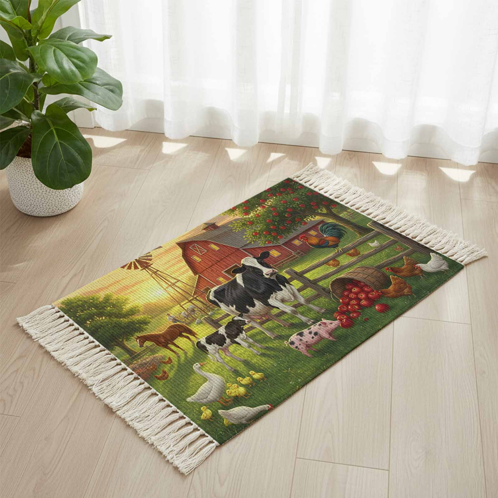 Area Rug with Tassels 2' x 3', Farm Animals Cow Pig Chicken Duck Horse ...