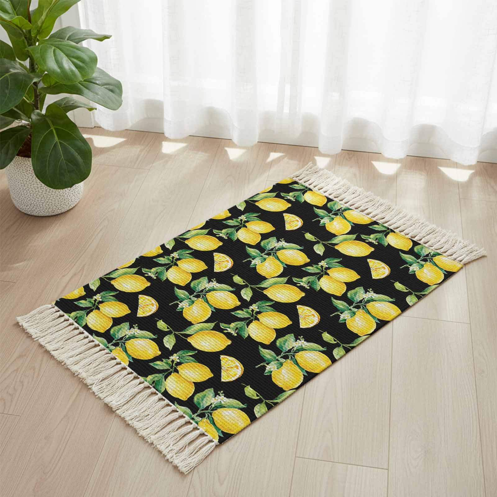 Area Rug with Tassels 2' x 3', Summer Lemon Fruit Floral Kitchen Runner ...
