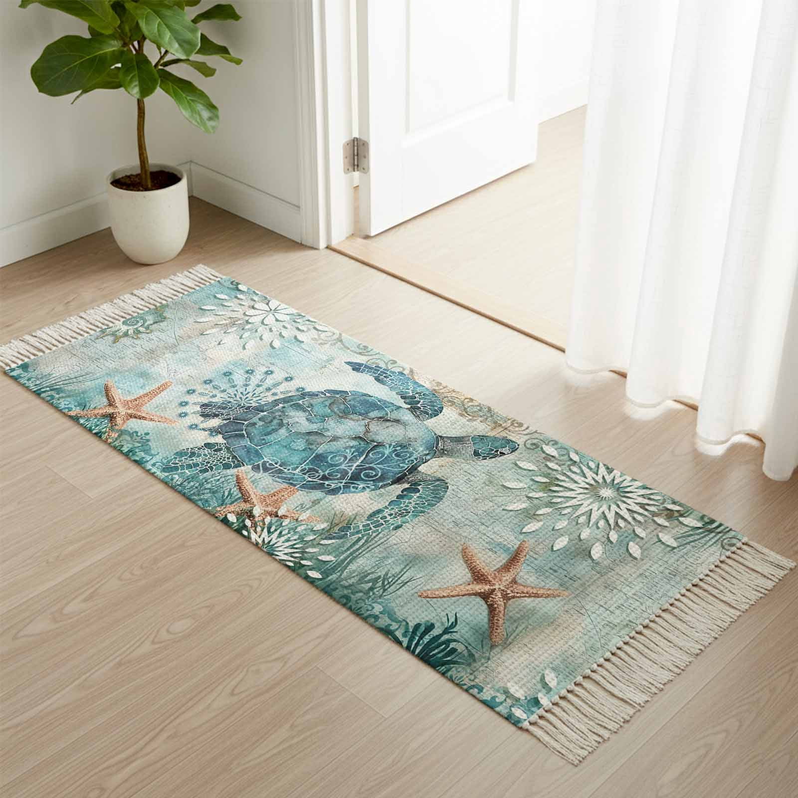 Area Rug with Tassels 2' x 5', Blue Sea Turtle Ocean Starfish Kitchen ...