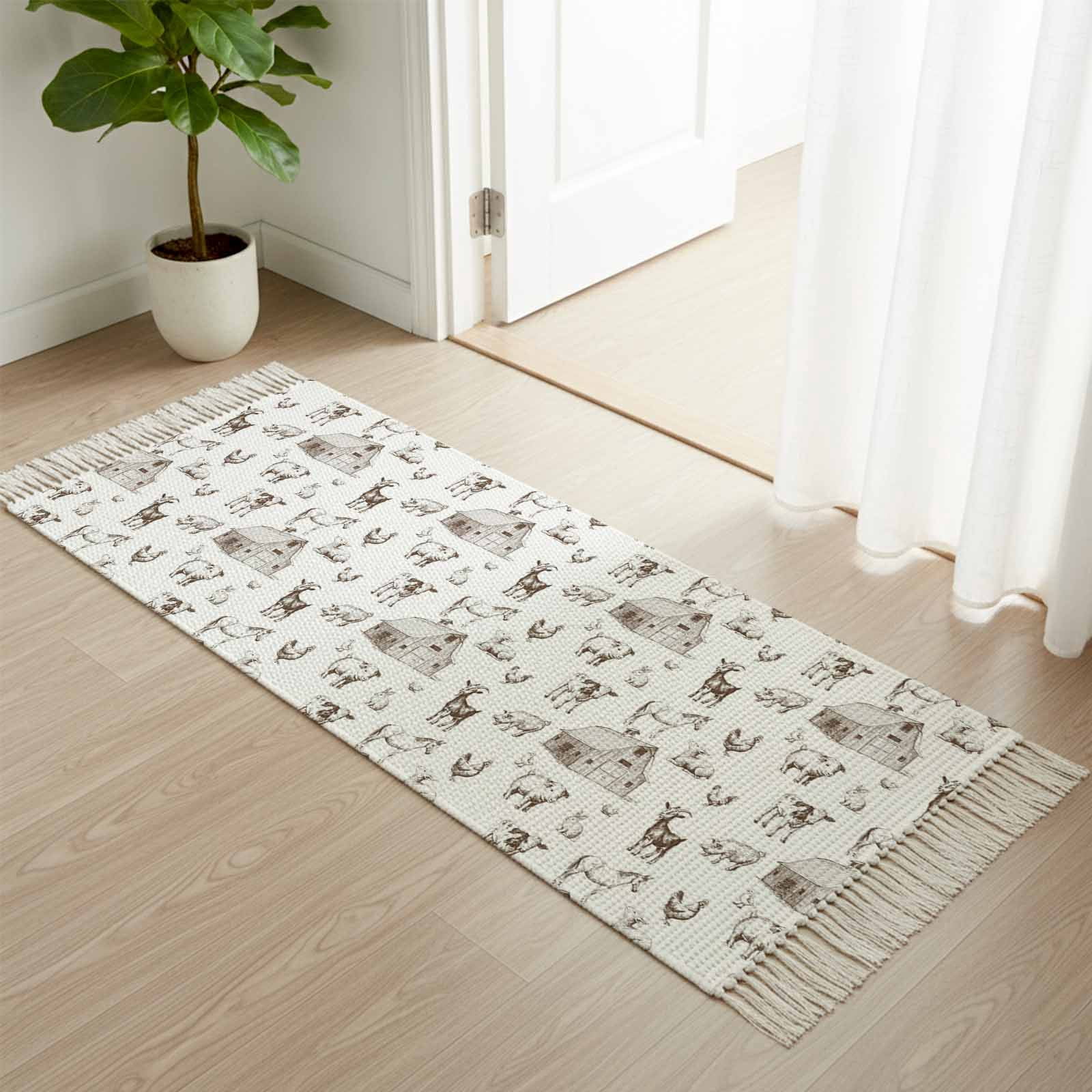 Area Rug with Tassels 2' x 5', Farm Cow Pig Chicken Goat Kitchen Runner ...