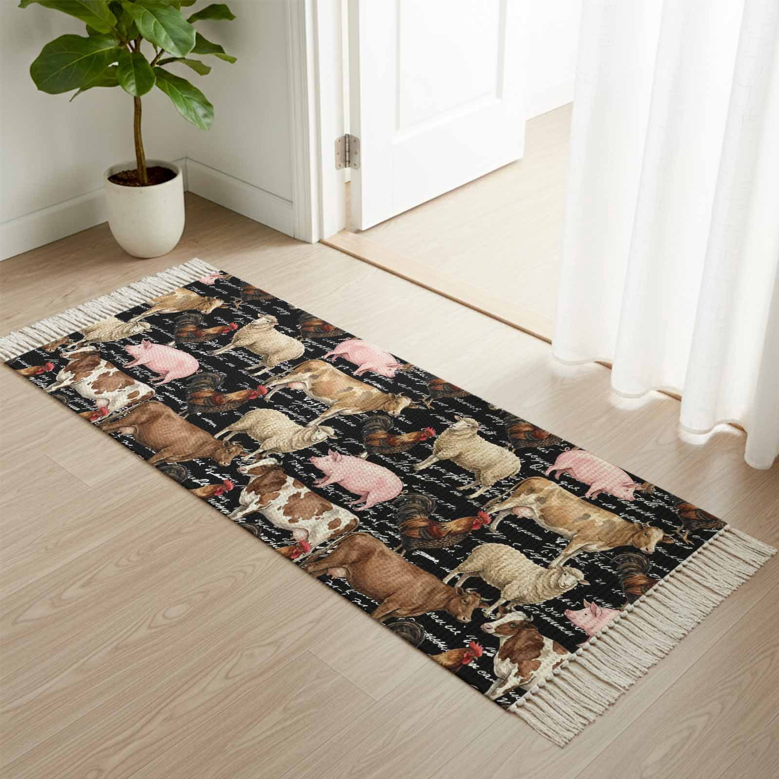Area Rug with Tassels 2' x 5', Farm Pig Sheep Cow Chicken Kitchen ...