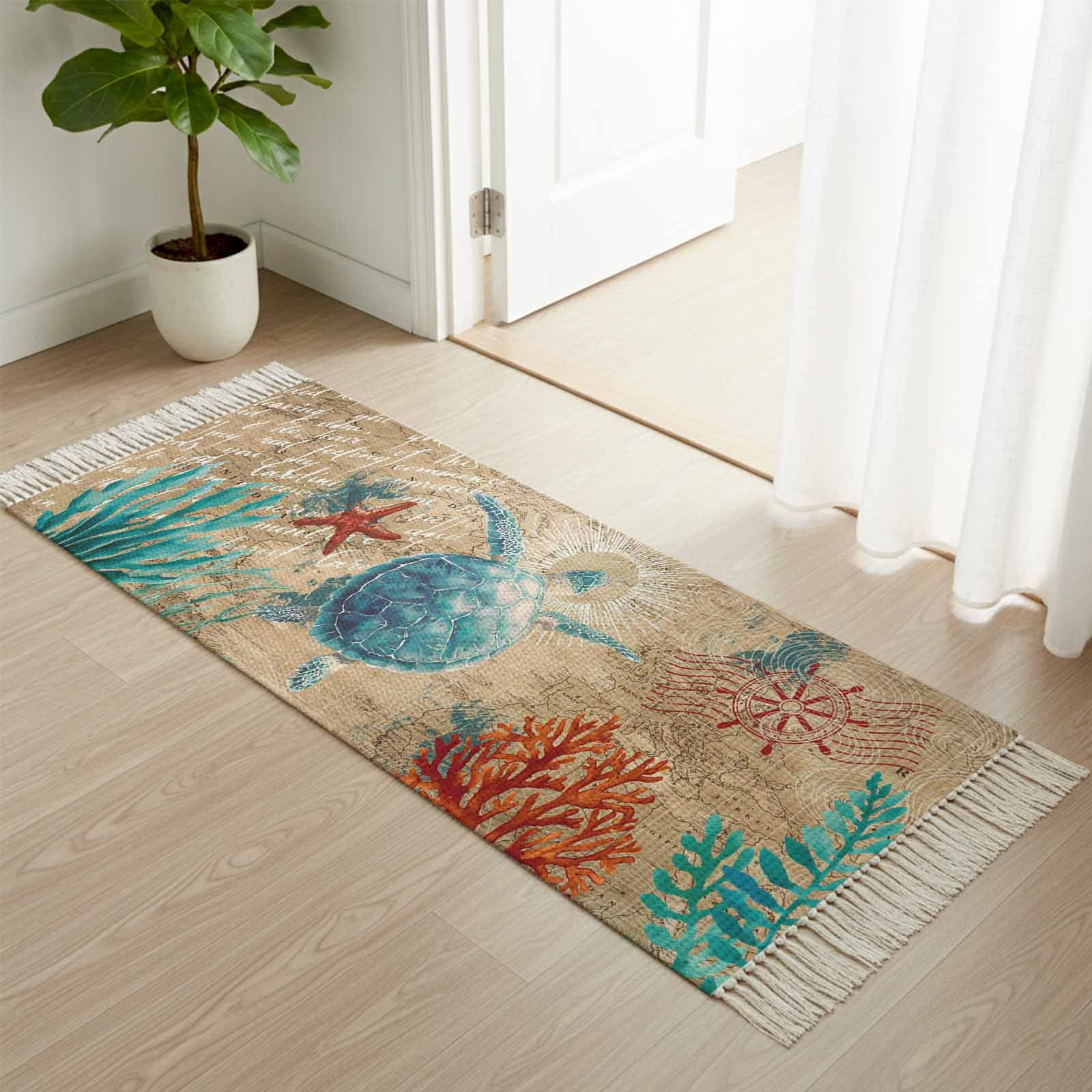 Area Rug with Tassels 2' x 5', Sea Turtles Starfish Coral Kitchen ...