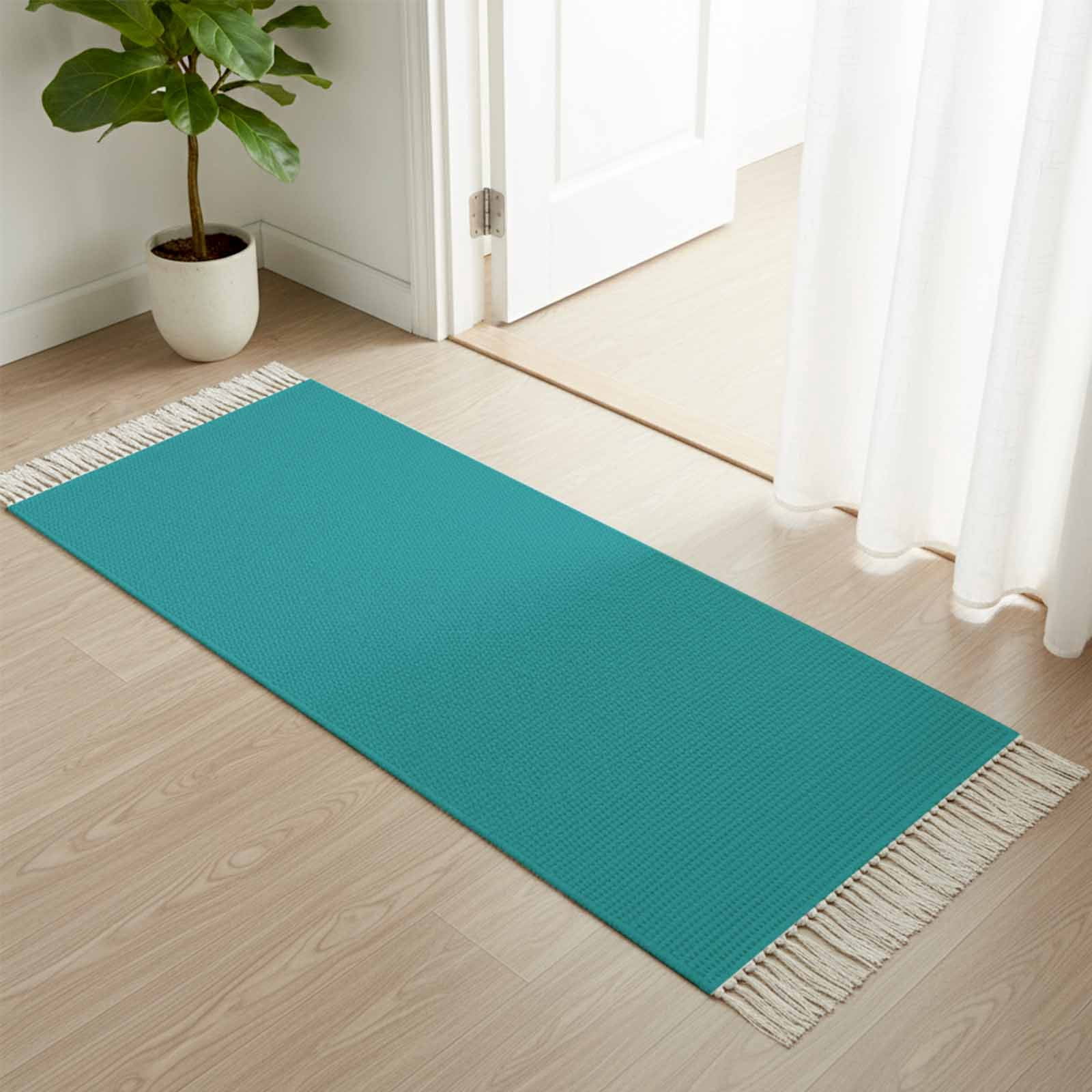 Area Rug with Tassels 2' x 6', Pure Color Blue And Green Kitchen Runner ...