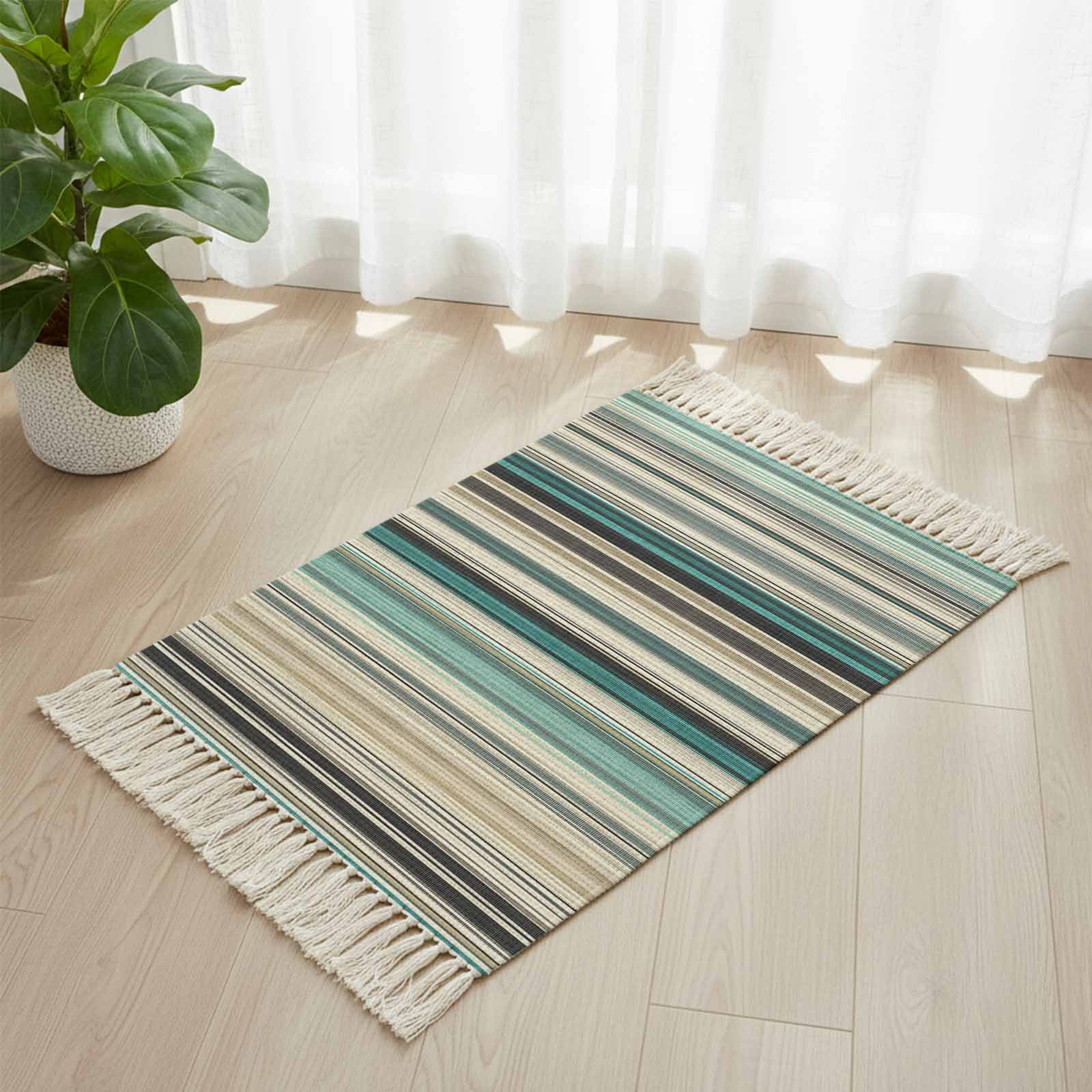 Area Rug with Tassels 2x3ft, Bohemian Stripes Teal Brown Beige Kitchen ...