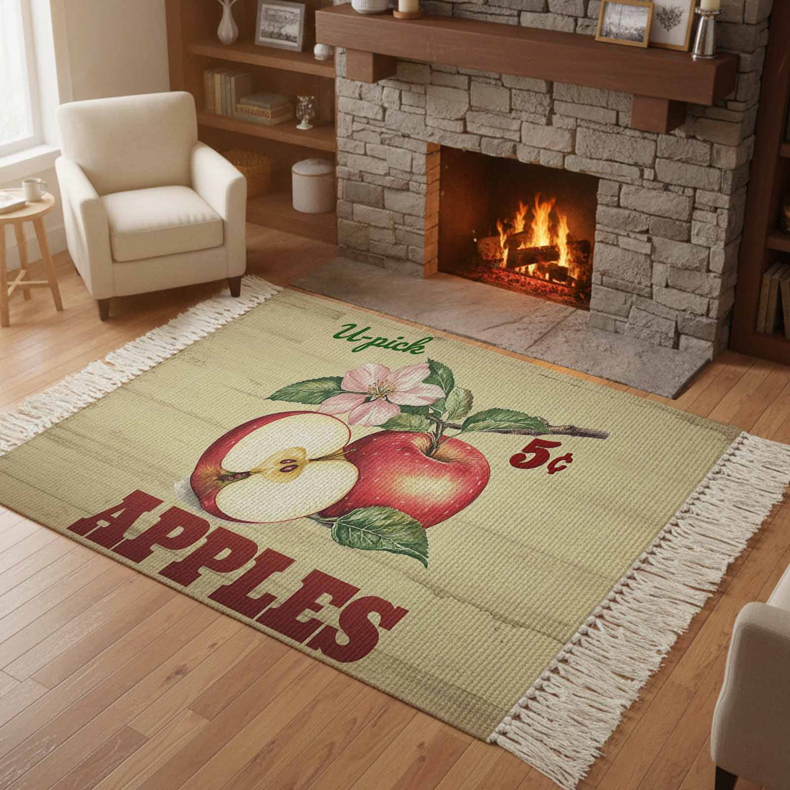 Area Rug with Tassels 3' x 5', Red Apples Farm Fruit Kitchen Runner Rug ...